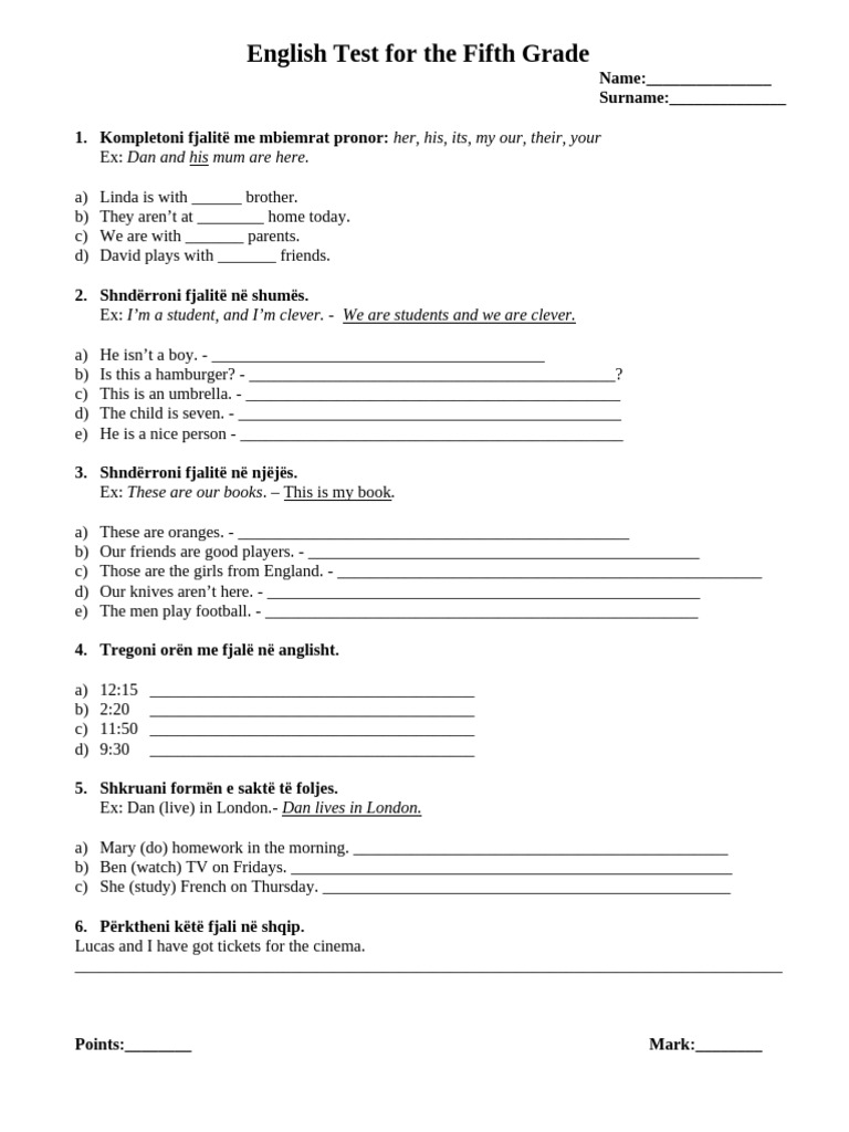 English Test For The Fifth Grade | PDF