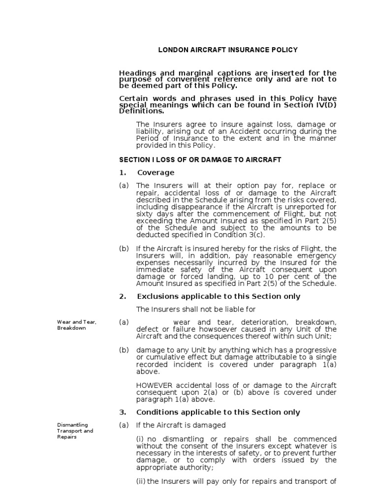 Avn 1c London Aircraft Insurance Policy (Hull, Third Party and ...