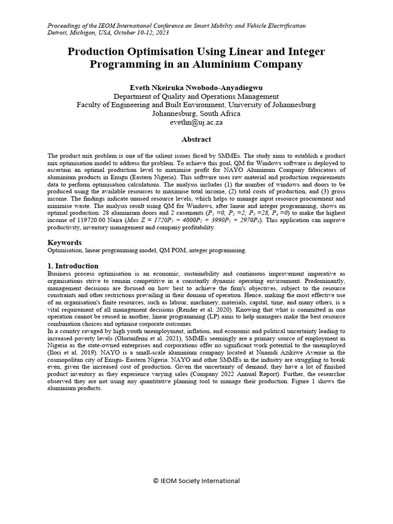 Nwobodo-Anyadiegwu, E.N 2023. Production Optimisation Using Linear and Integer | PDF