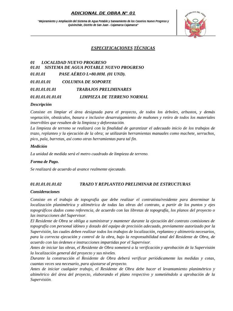 Especificaciones Del Adicional de Obra N°01 | PDF