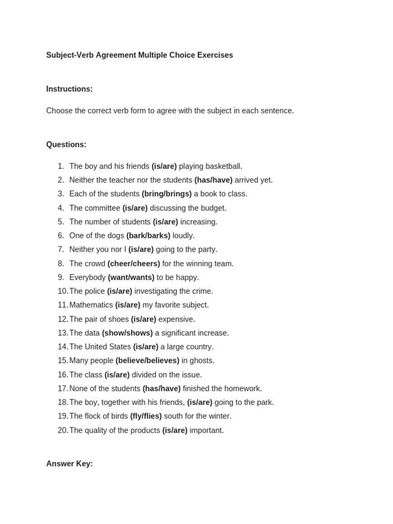Subject-Verb Agreement Exercises | PDF