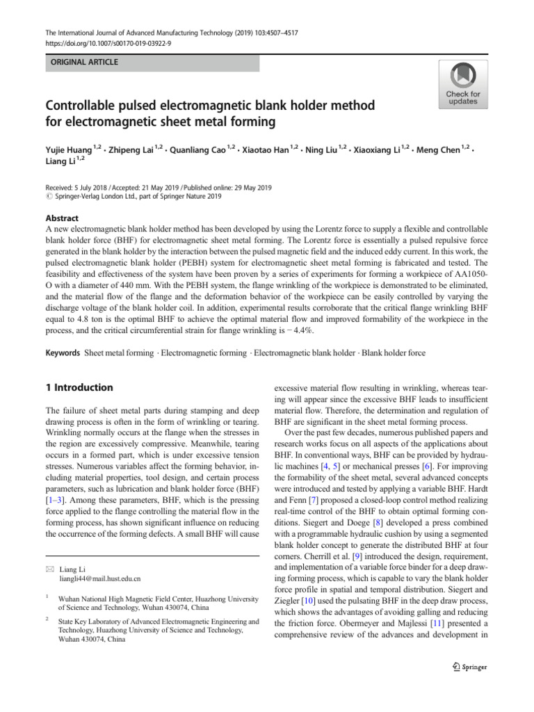 Controllable Pulsed Electromagnetic Blank Holder Method For Electromagnetic Sheet Metal Forming ...