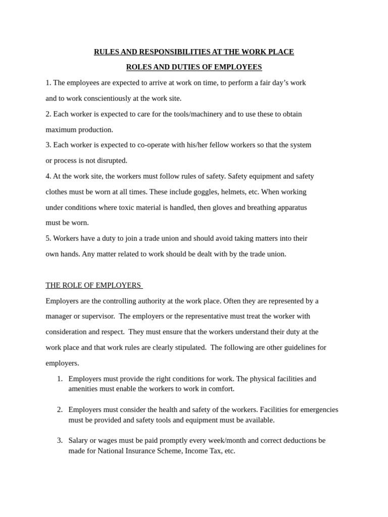 Rules and Responsibilities at The Work Place - Grade 8 | PDF