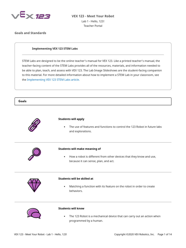 Vex 123 Meet Your Robot Lab 1 Hello 123 | PDF