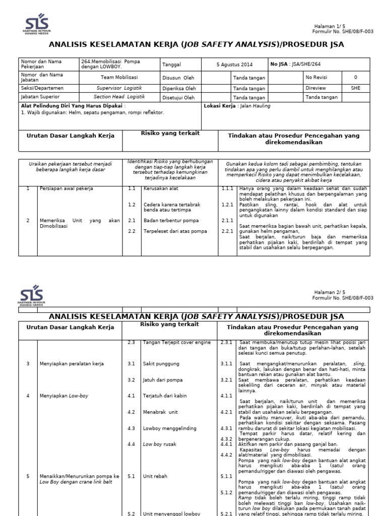 JSA Memobilisasi Pompa Dengan Lowboy | PDF