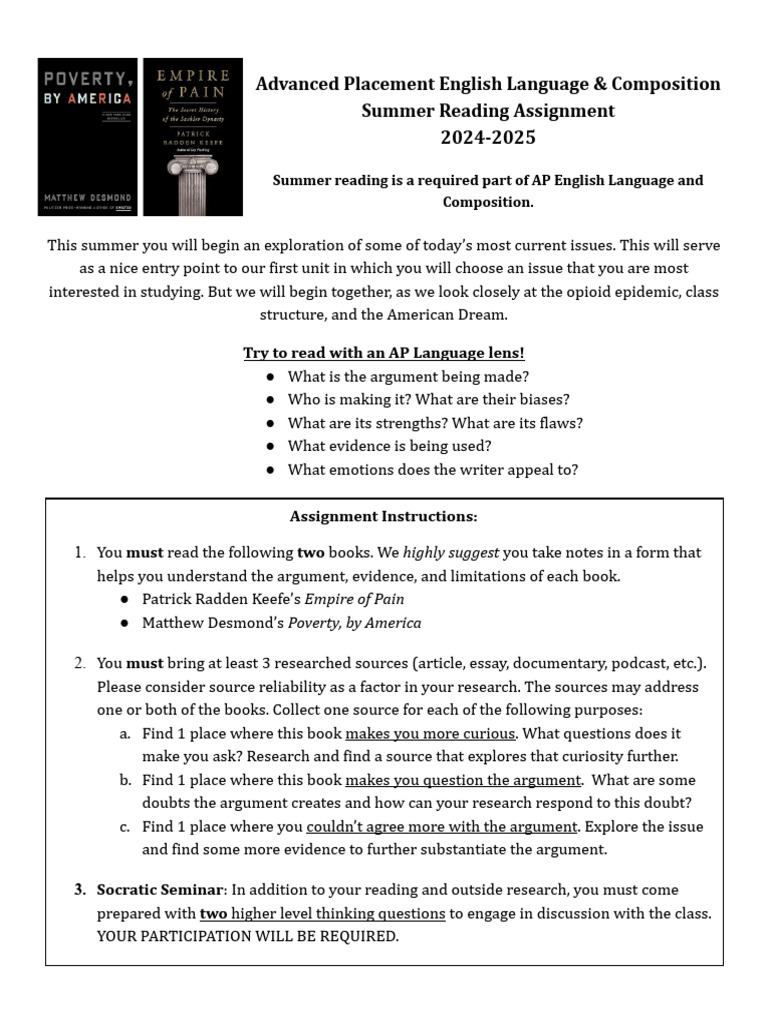 AP Lang Summer Reading 2024-2025 | PDF