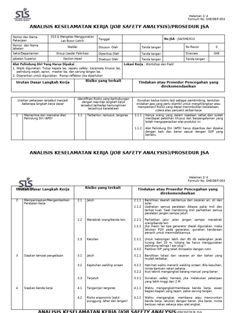 JSA Mengelas Menggunakan Las Busur Listrik | PDF