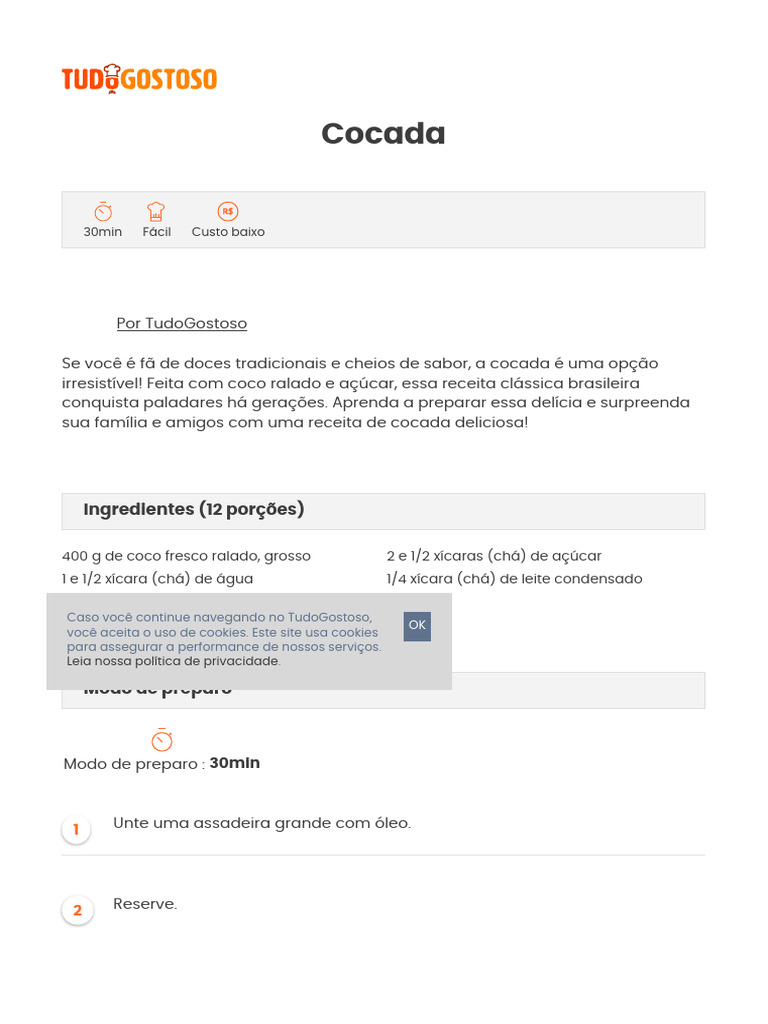Receita de Cocada, Enviada Por Tudogostoso - TudoGostoso | PDF