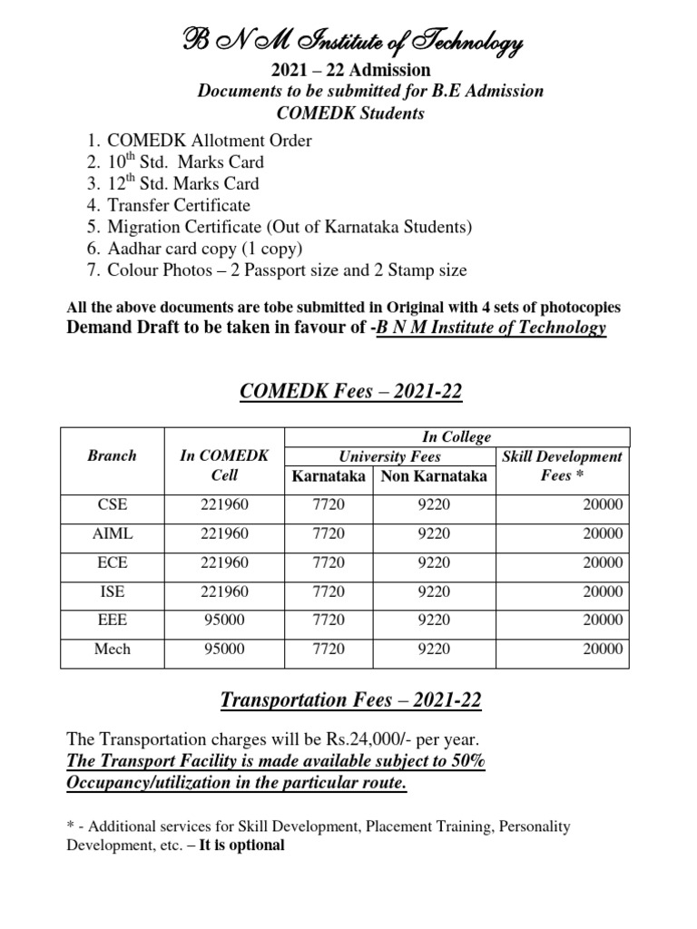 COMEDK Documents and Fees For The Academic Year 2021 22 | PDF