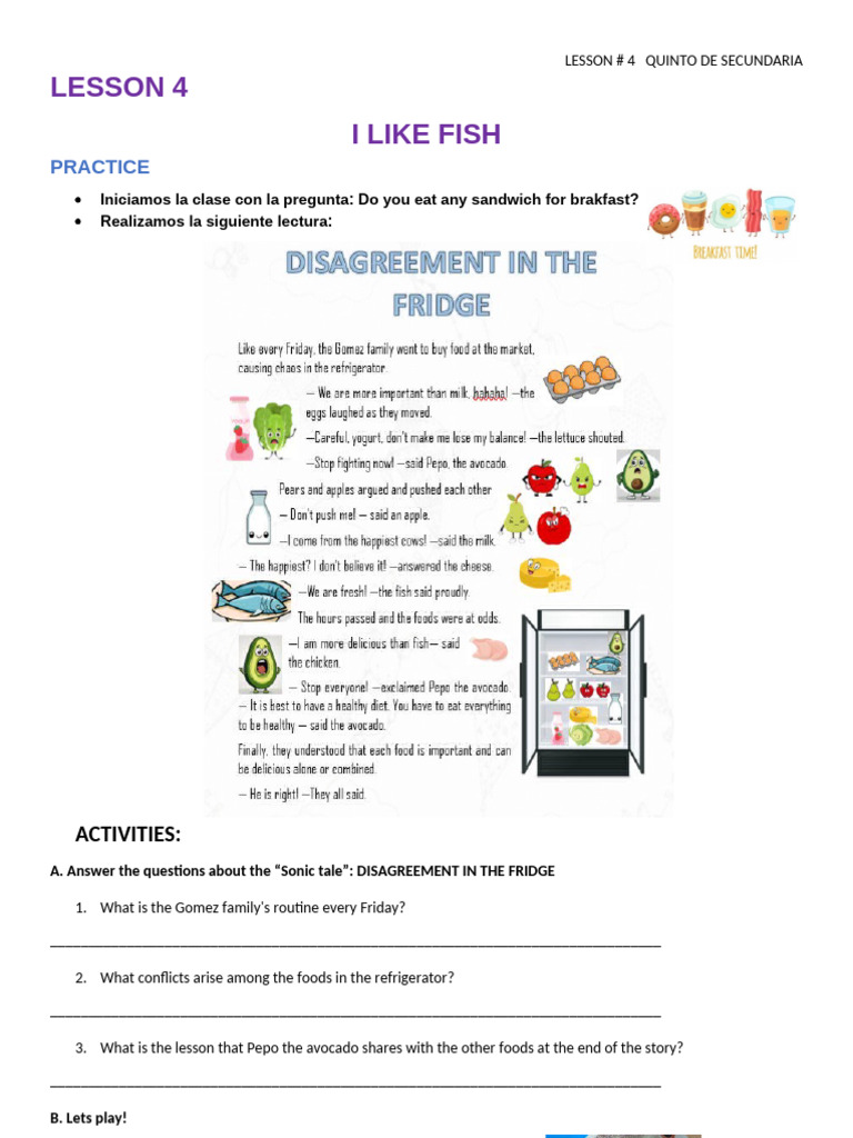 5to Sec. Lesson 4 - I LIKE FISH | PDF