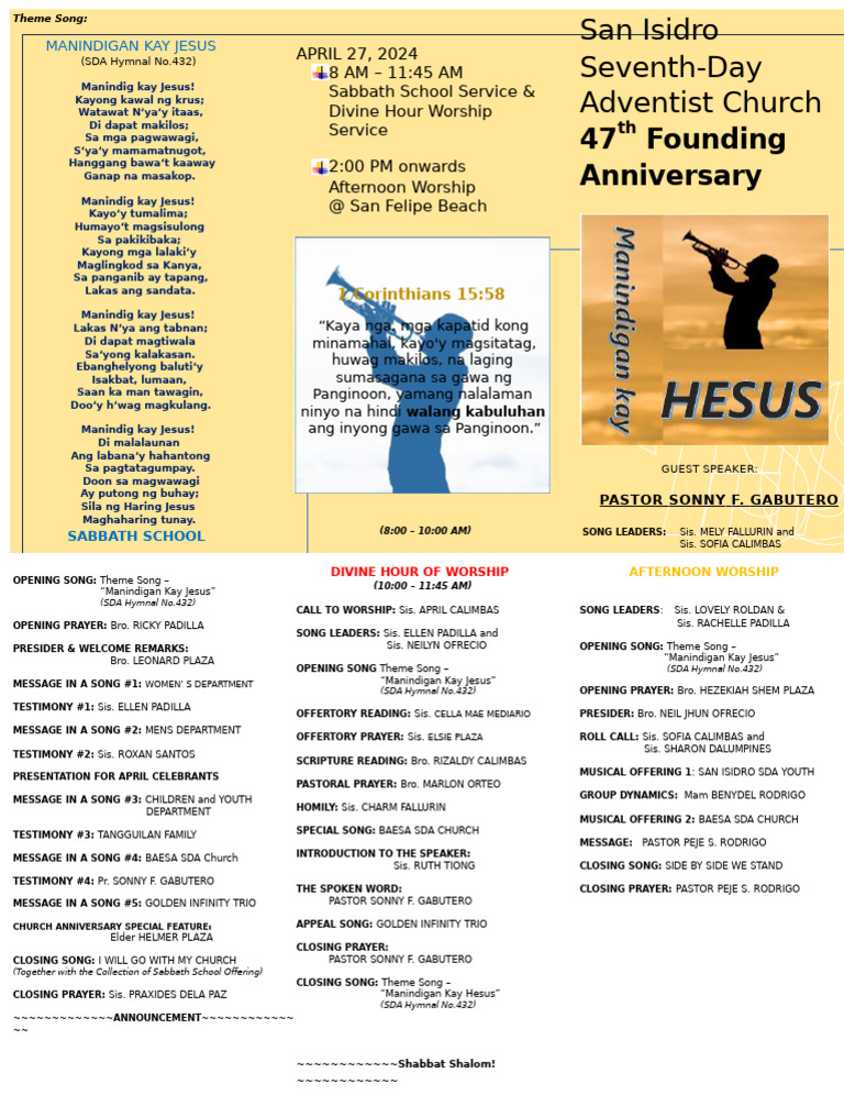 47th San Isidro SDAC Founding Anniversary Program 04-27-2024 | PDF | Arminianism | Christian ...
