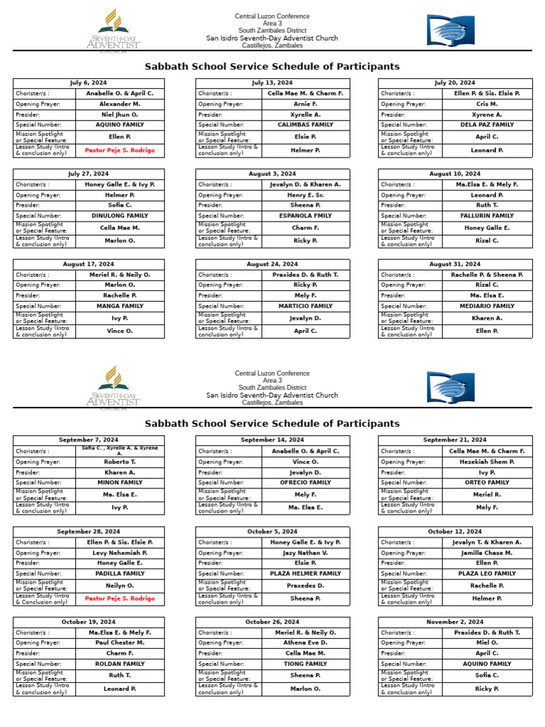 Sabbath Service Schedule 2024 | PDF | Protestantism | Seventh Day ...