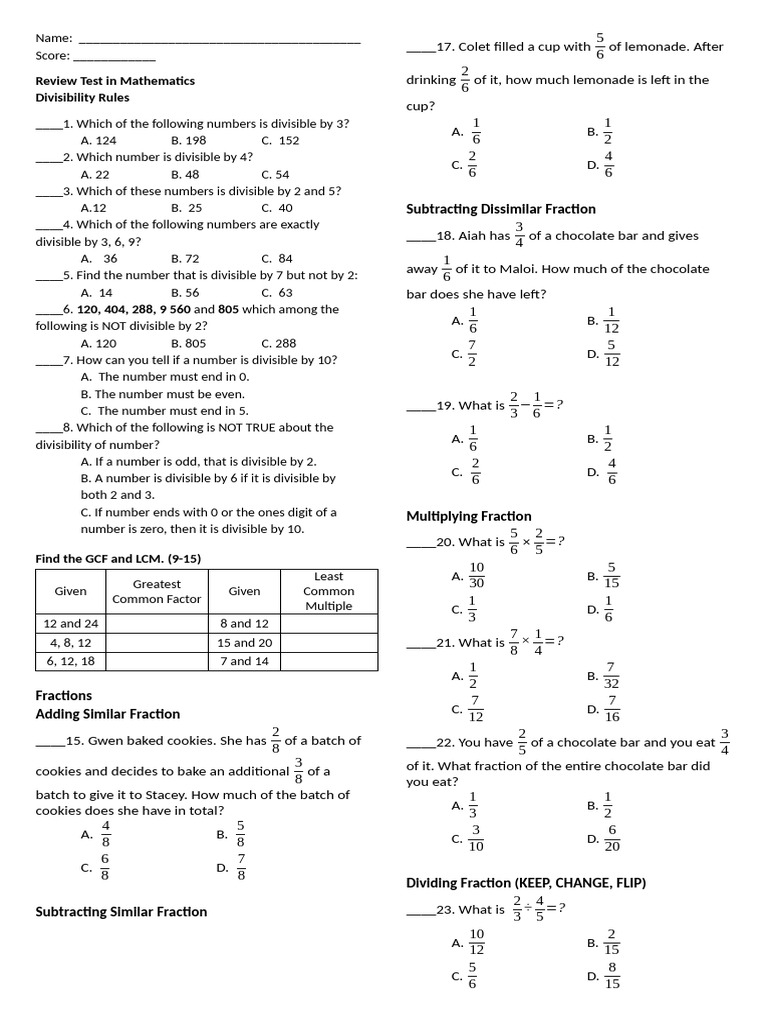 Review Test in Mathematics | PDF
