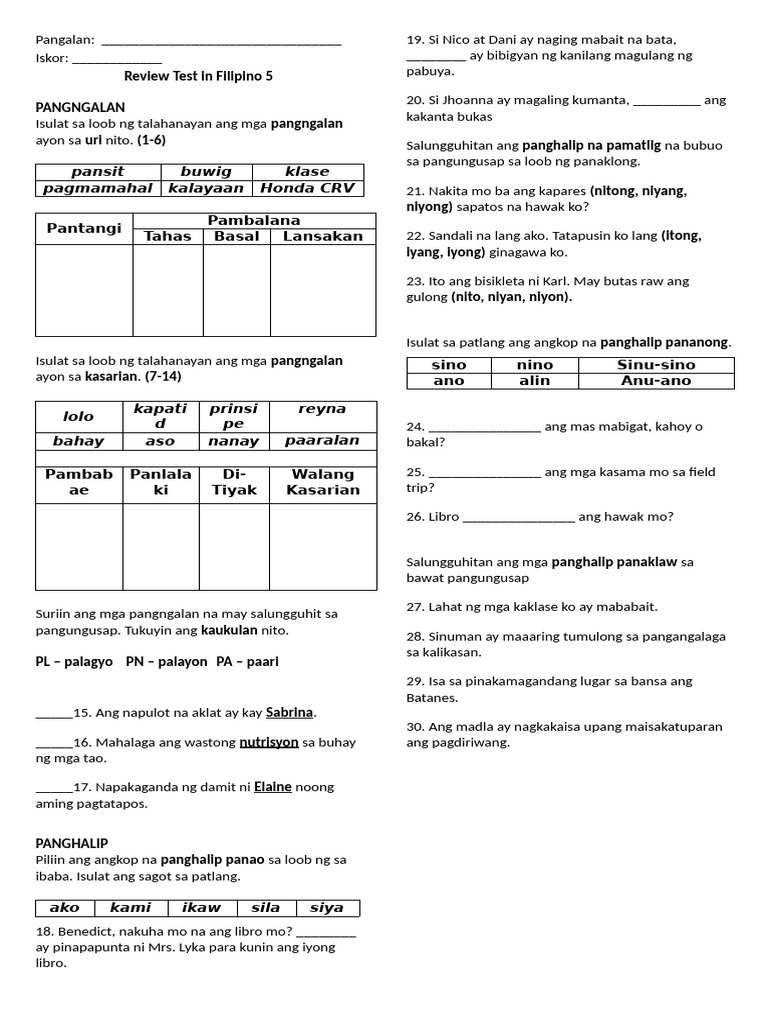 Review Test in Filipino 5 | PDF