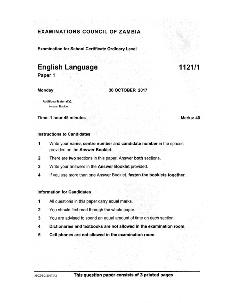 2017 English Language Paper 1 Past Paper | PDF