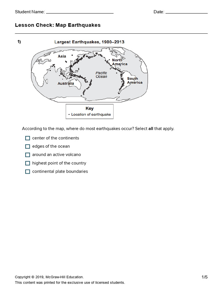 Lesson Check: Map Earthquakes: Student Name: Date | PDF