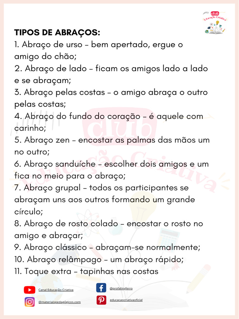 Tipos de Abraços:: Canal Educação Criativa @profalinyferro ...