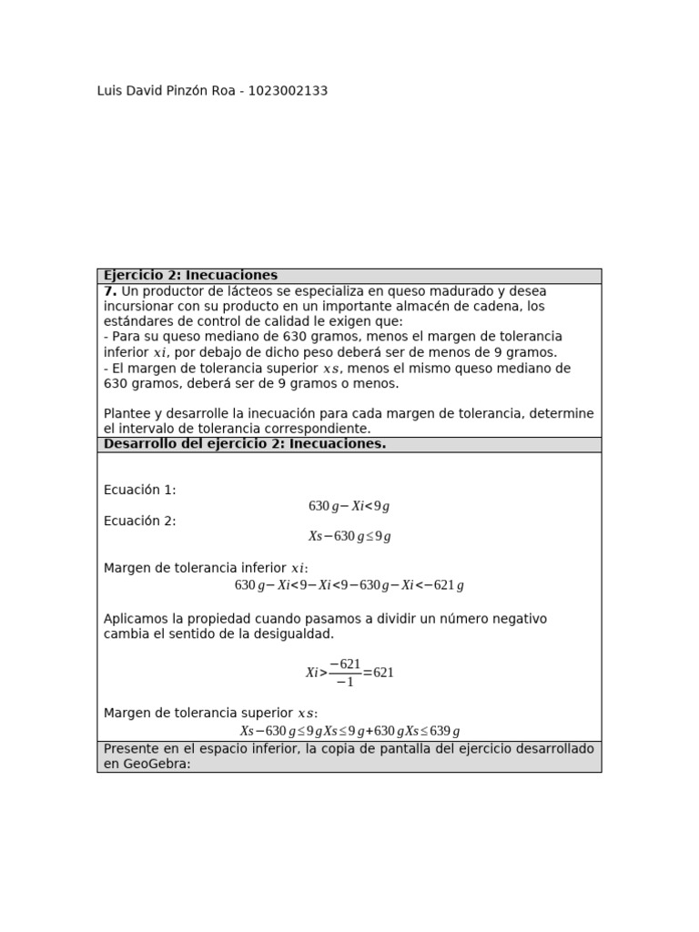 148 - 301301 - Luis David Pinzón Roa - Tarea 1 Ejercicio 2 - Inecuaciones | PDF