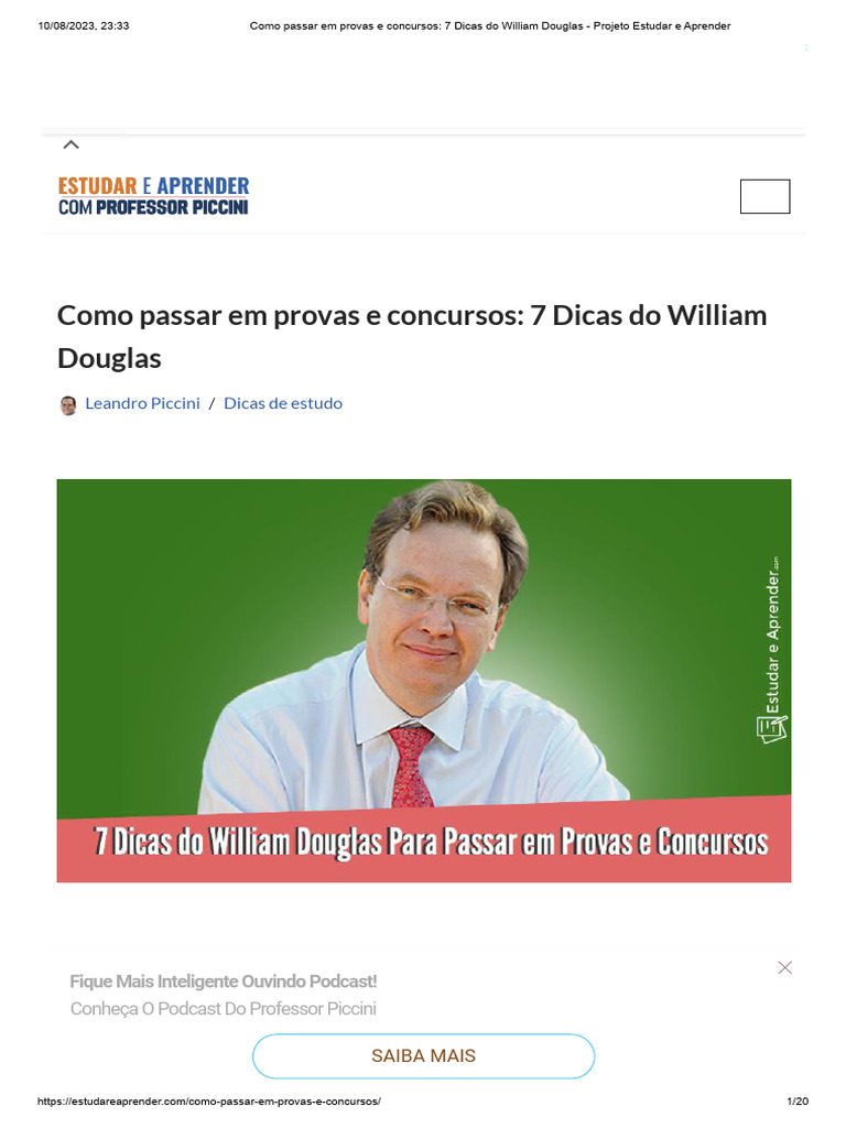 Como Passar em Provas e Concursos - 7 Dicas Do William Douglas - Projeto Estudar e Aprender | PDF