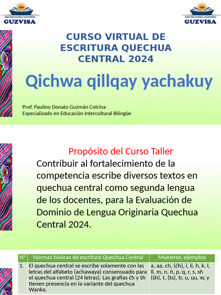 PPT 1 CURSO VIRTUAL ESCRITURA QUECHUA CENTRAL 2024 | PDF