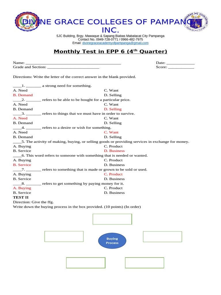 Monthly Test in EPP 6 - 4th Quarter | PDF