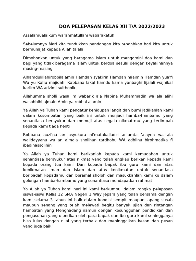 Doa Pelepasan Kelas Xii T | PDF