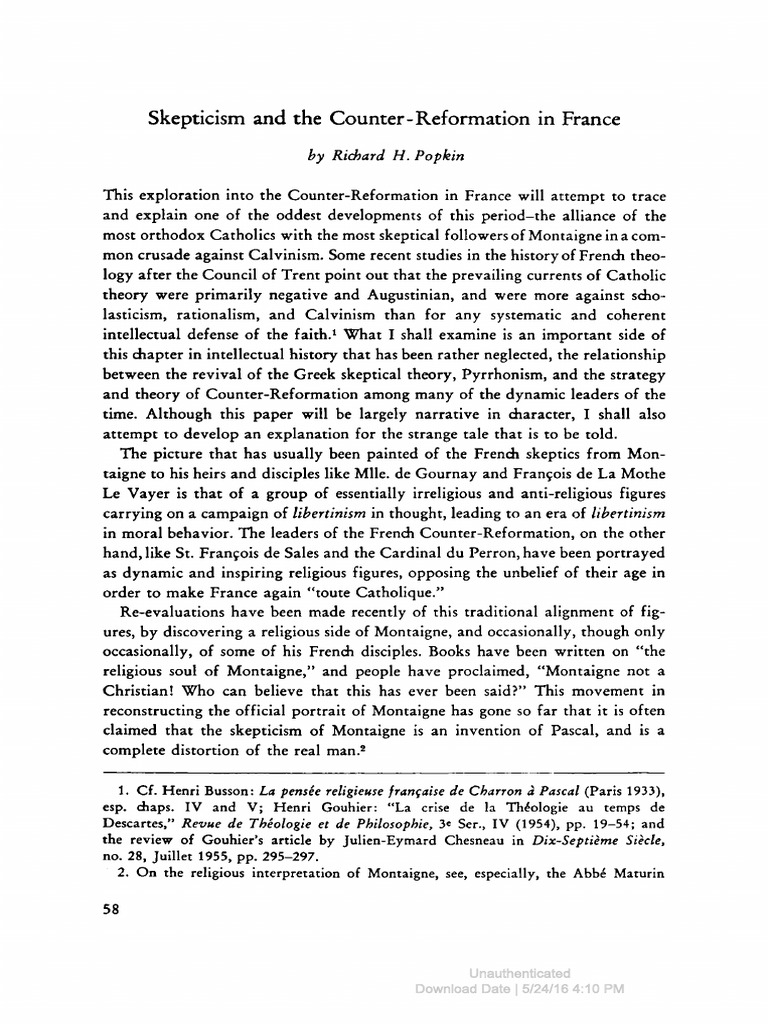 Richard H. Popkin Skepticism and The Counter Reformation in France 1960 ...