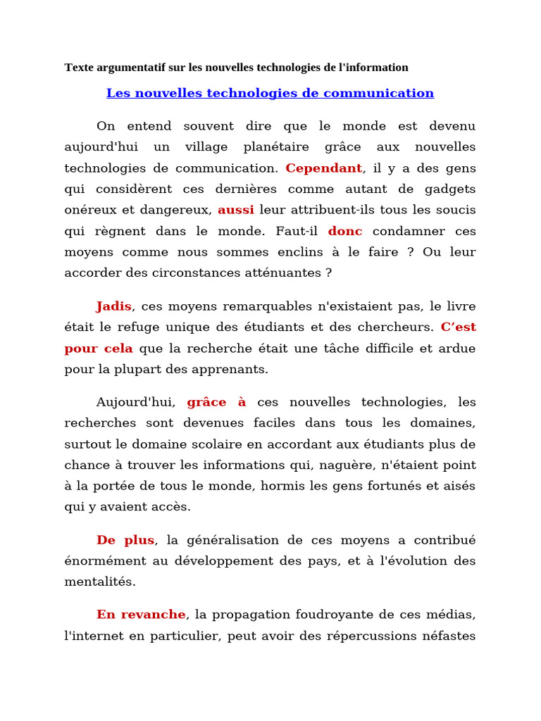 Texte Argumentatif Sur Les Nouvelles Technologies de L | PDF