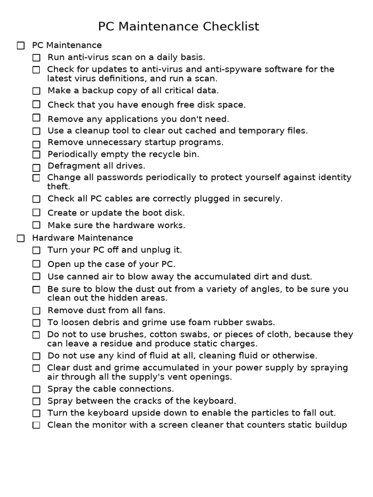 PC Maintenance Checklist | PDF