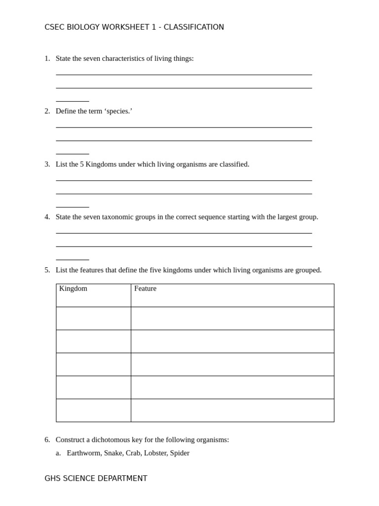 Classification Revision Worksheet | PDF