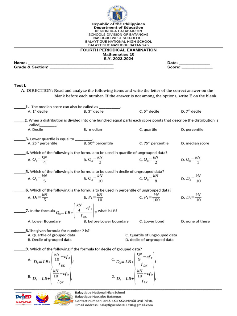 4th QA-Math | PDF | Percentile | Quartile