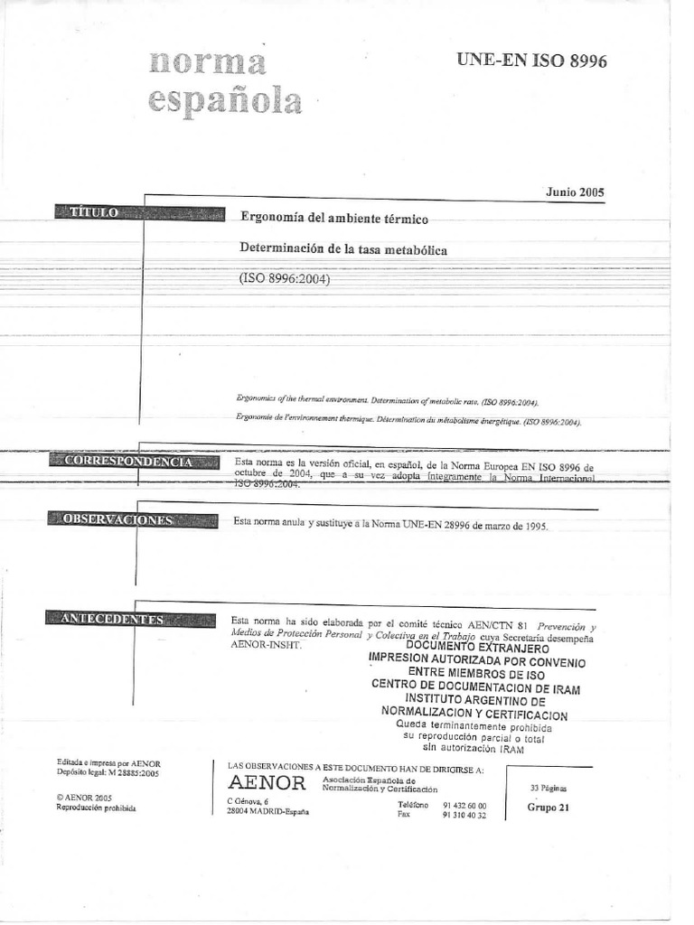 UNE-EN ISO 8996 - Ergonomia Del Ambiente Térmico | PDF
