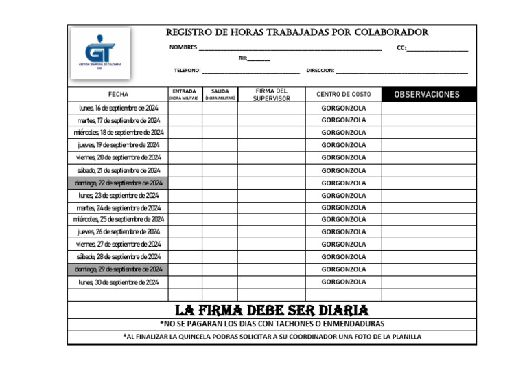 Planilla de Horas Gorgonzola | PDF
