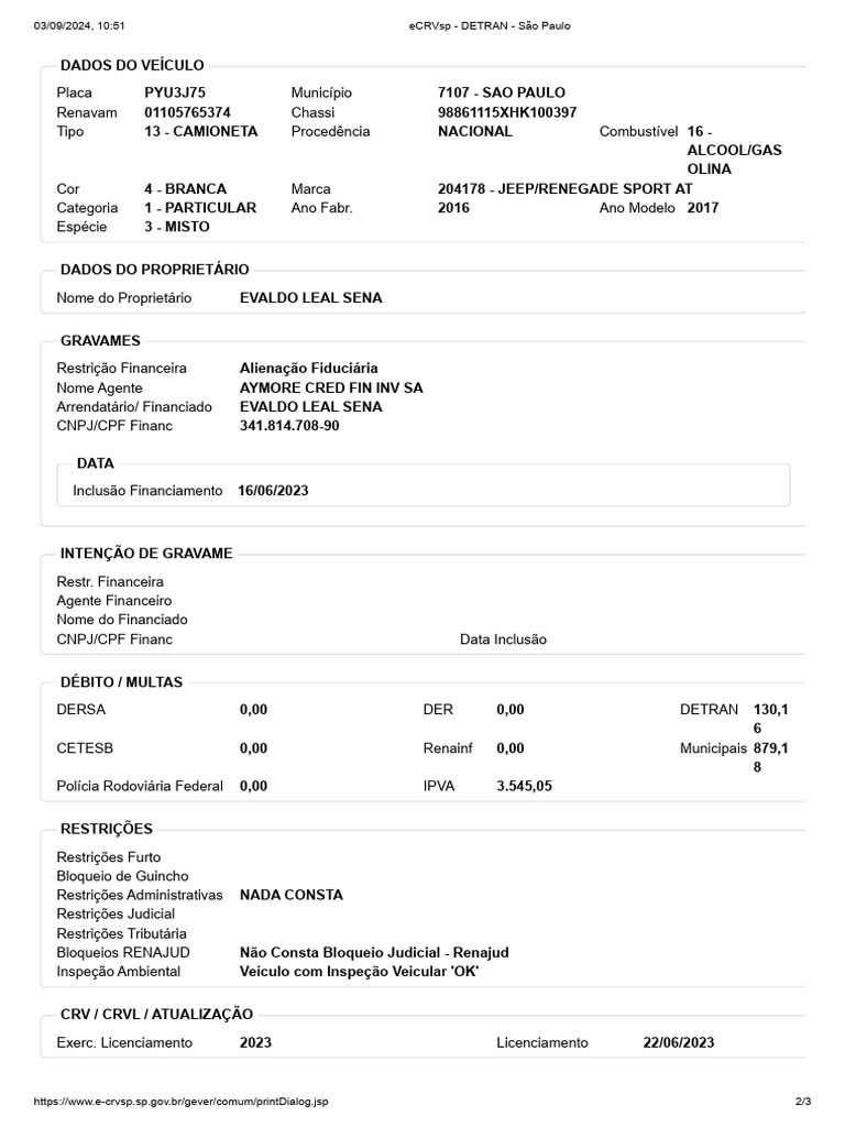 PYU3J75 eCRVsp - DETRAN - São Paulo | PDF
