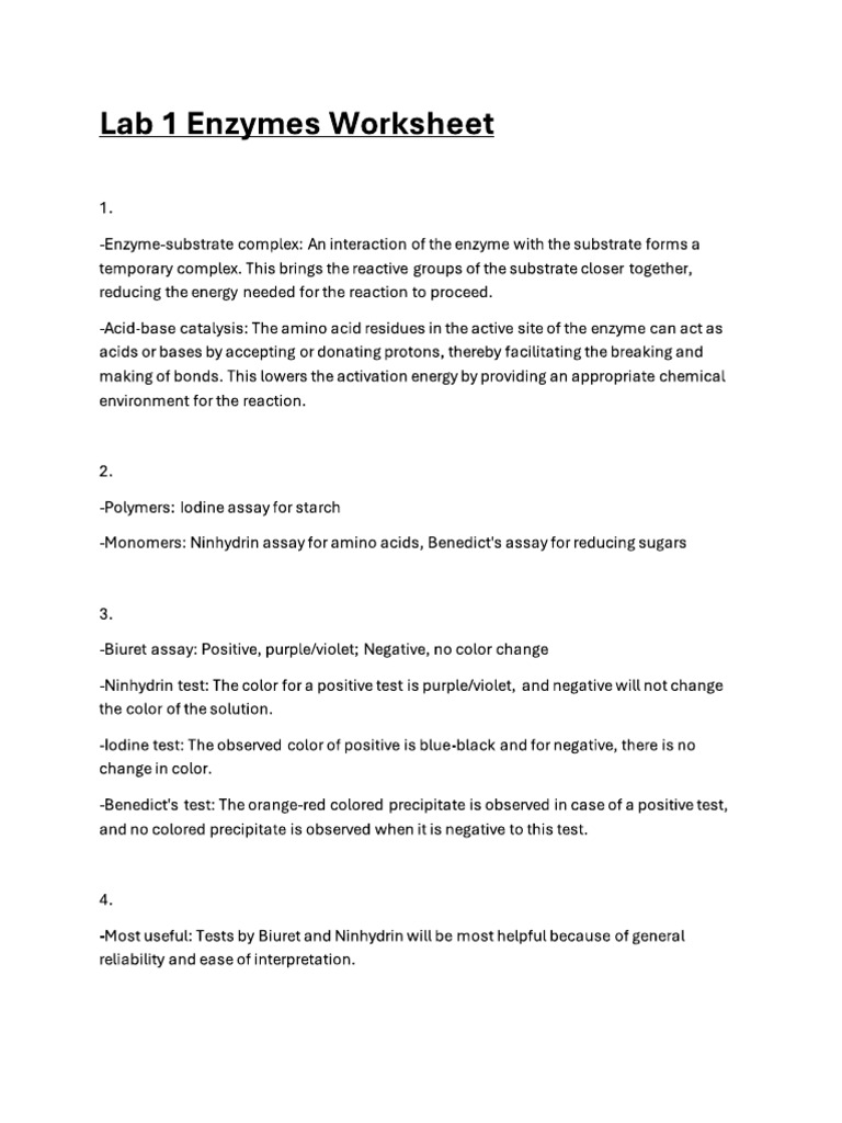 Lab 1 Enzymes Worksheet | PDF