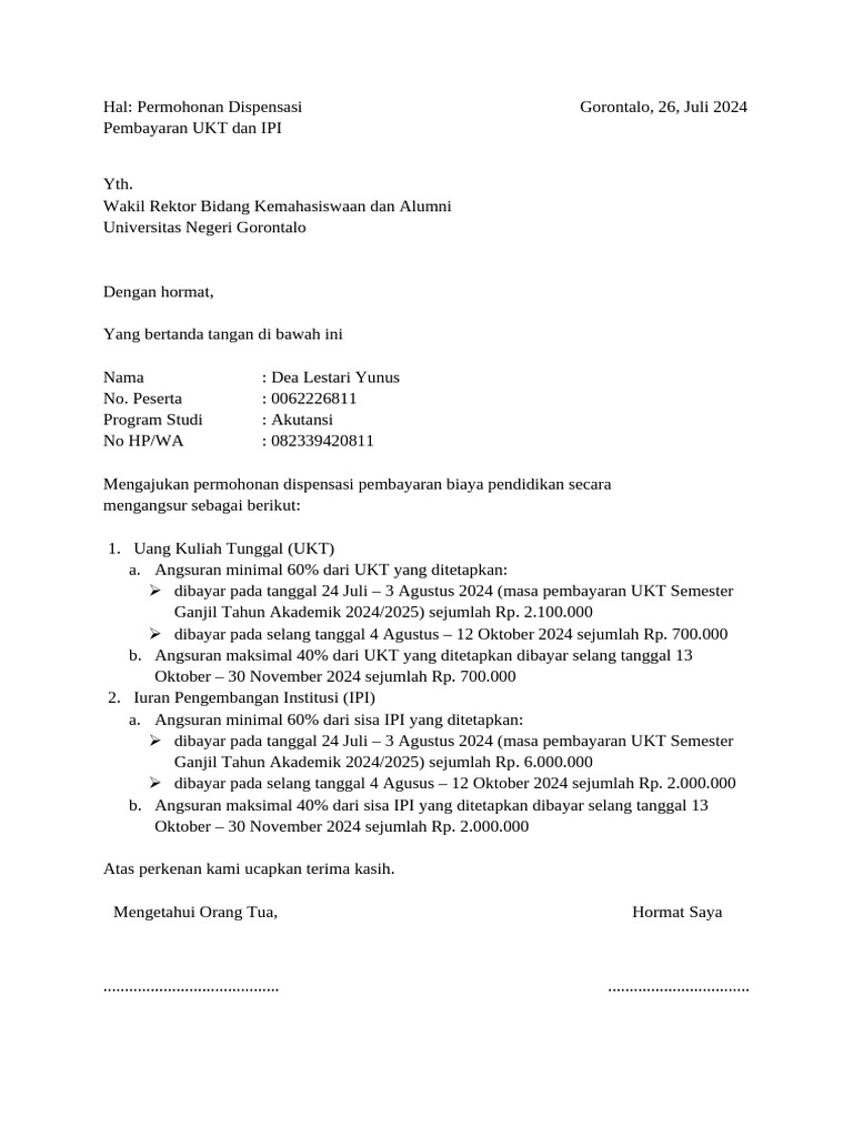 Surat Permohonan Angsuran UKT | PDF | Pengelolaan Keuangan & Uang | Perjalanan