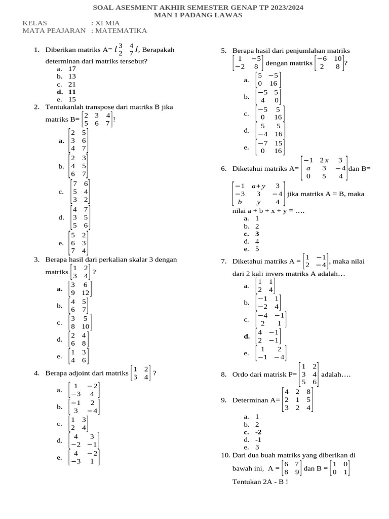 Soal Asesmen MTK KLS Xi Mia 2024 | PDF