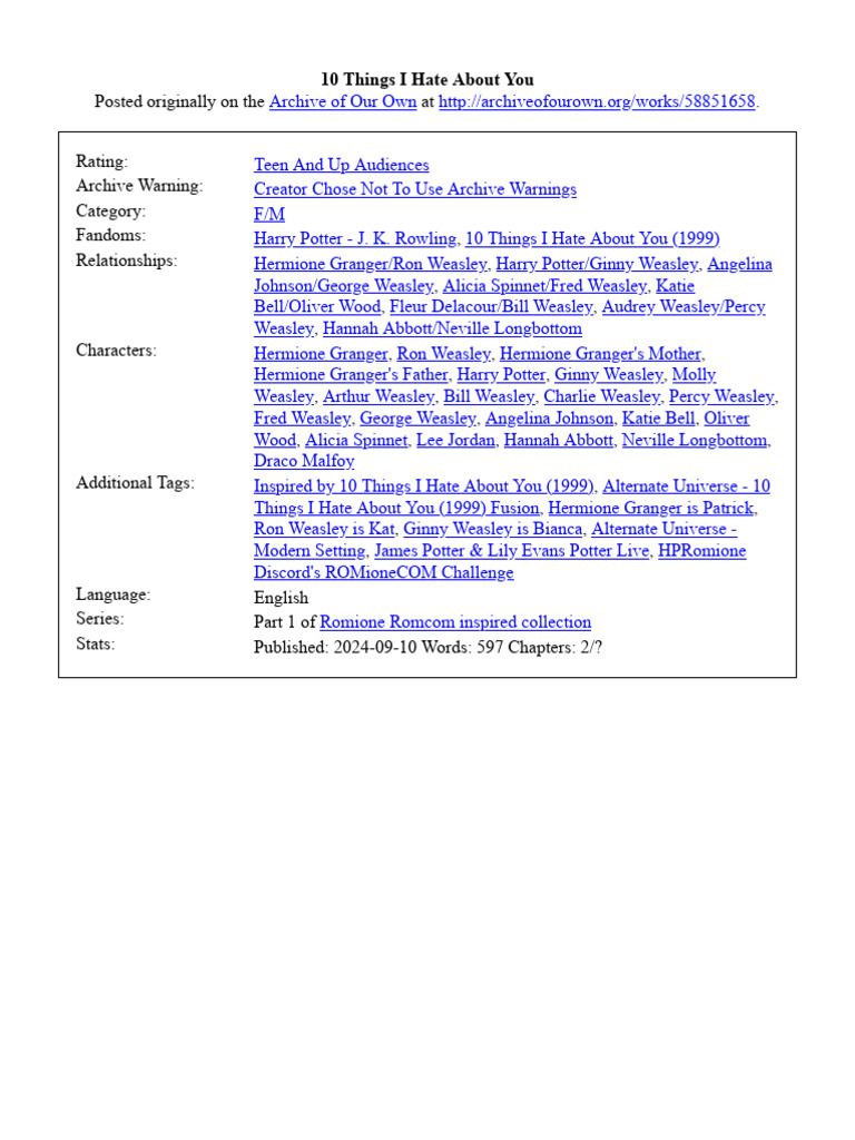 Romione's 10 Things I Hate | PDF | Harry Potter | Contemporary Fantasy ...