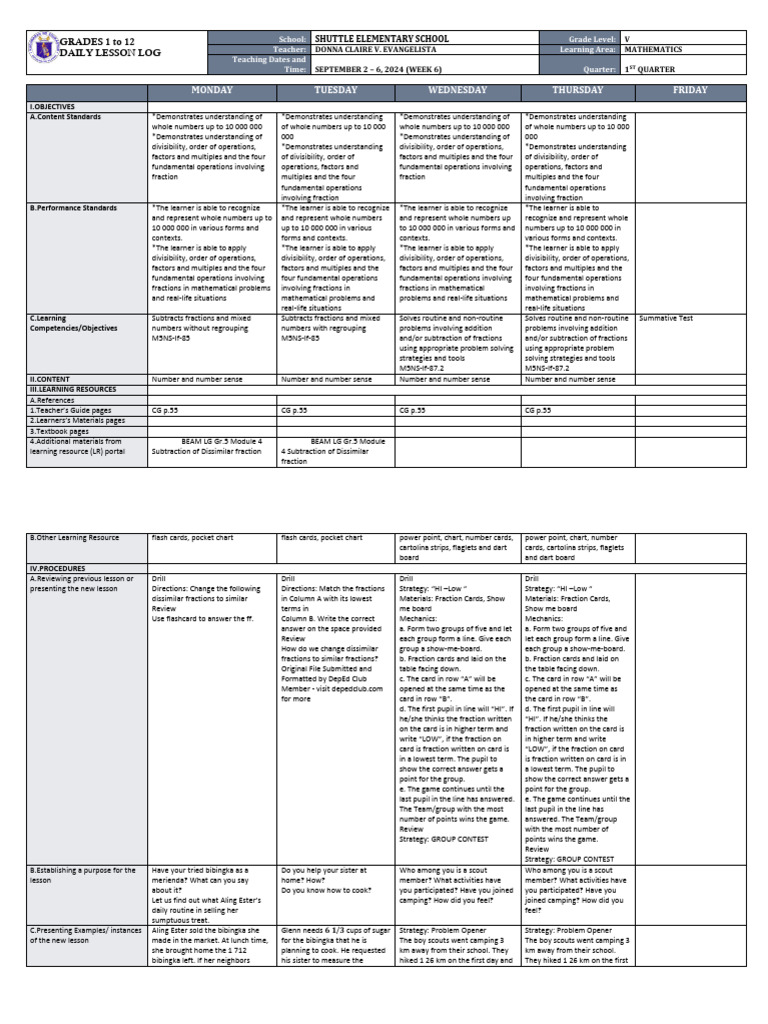 DLL Mathematics 5 q1 w6 | PDF