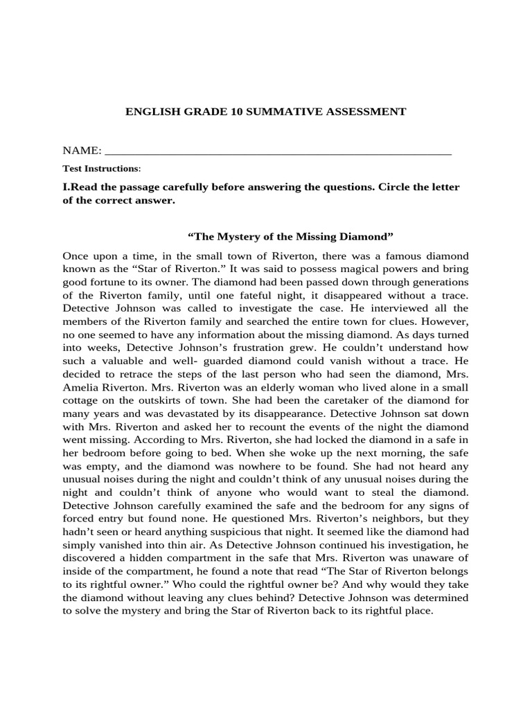 English Grade 10 Summative Assessment | PDF | Mystery, Thriller & Crime ...