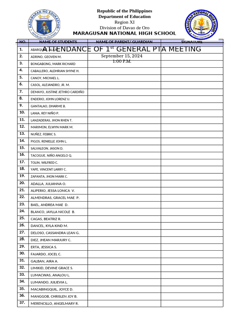 Attendnace For GENERAL PTA ASSEMBLY | PDF