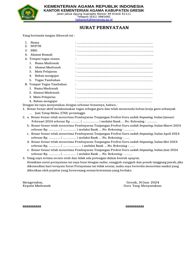 Surat Pernyataan Pake Kop Depag | PDF