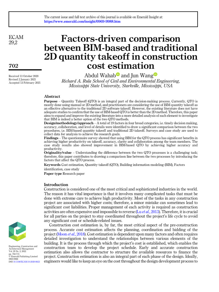 Factors-Driven Comparison Between BIM-based and Traditional 2D Quantity Takeoff in Construction ...