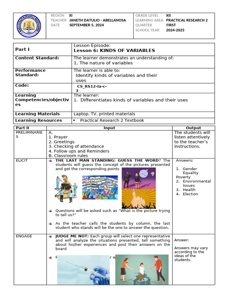 Co 1 DLP Kinds of Variables | PDF | Learning | Socioeconomic Status