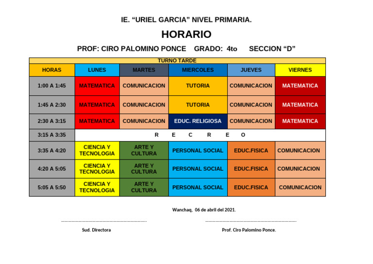 HORARIO 4to D | PDF