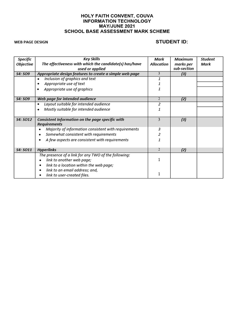 Webpage Design SBA Mark Scheme | PDF