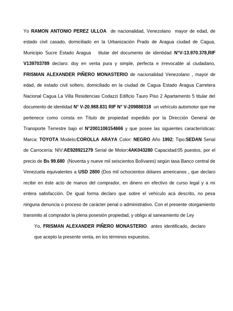 Compra Venta Carro Frisman | PDF