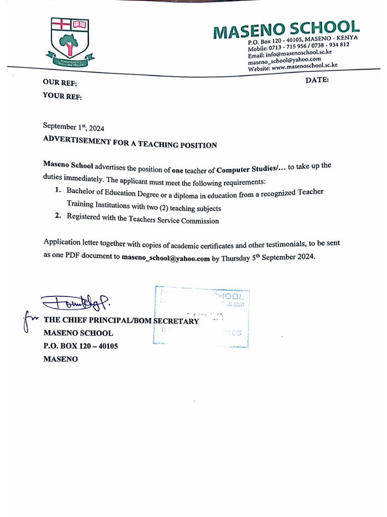 Maseno School Advertisement For A Teaching Position | PDF