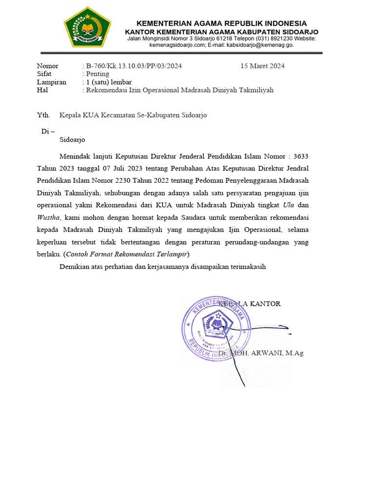 (Seksi PD Pontren) Surat Edaran KUA Kecamatan 2024 | PDF (Seksi PD Pontren) Surat Edaran KUA Kecamatan 2024 | PDF