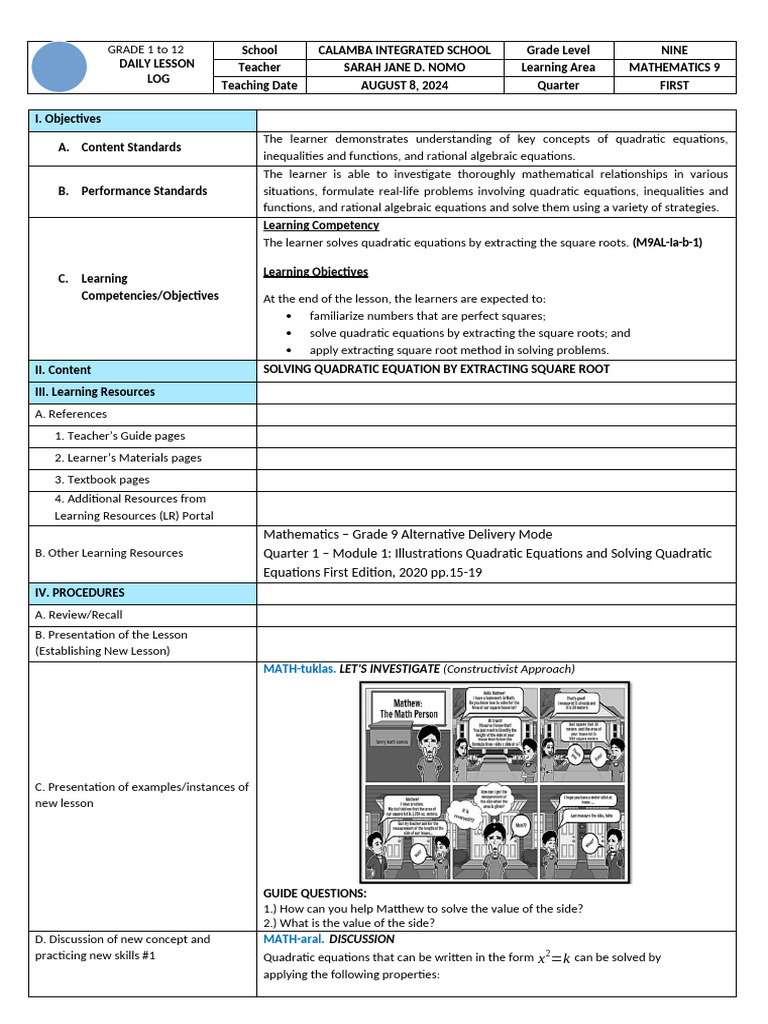 Aug8 DLL Solving Quadratic Equation by Extracting Square Roots | PDF | Equations | Teaching ...